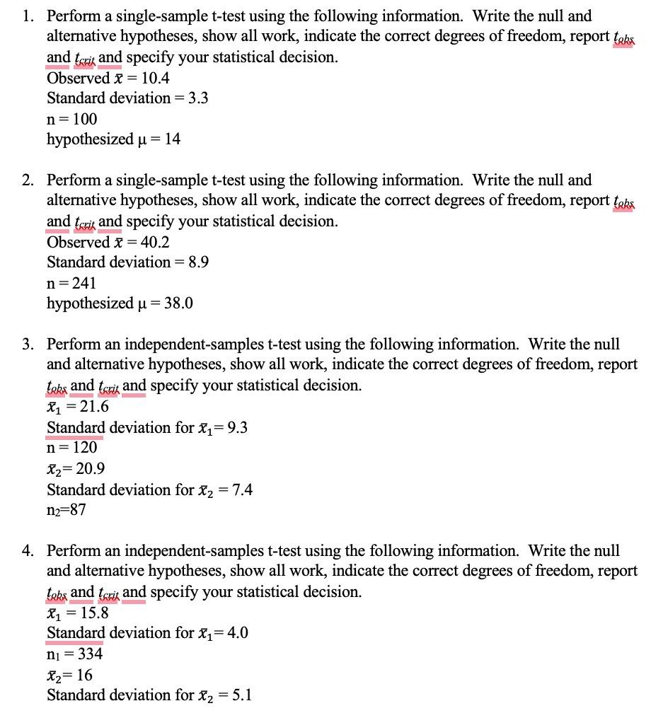 Solved 1. Perform a single-sample t-test using the following | Chegg.com