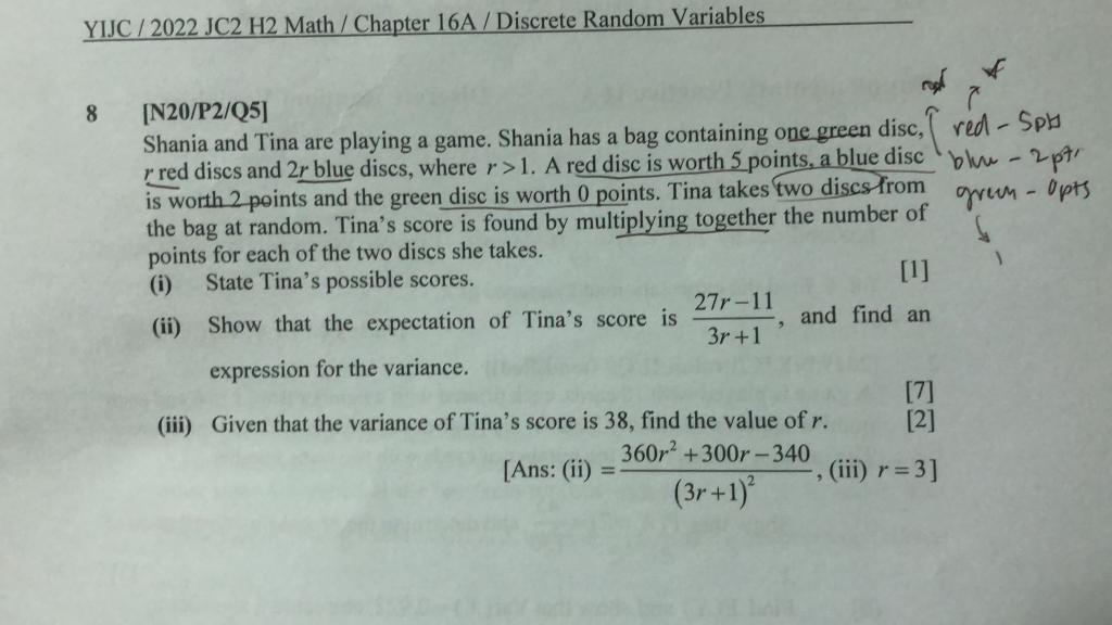 Solved YIJC / 2022 JC2 H2 Math / Chapter 16A / Discrete | Chegg.com