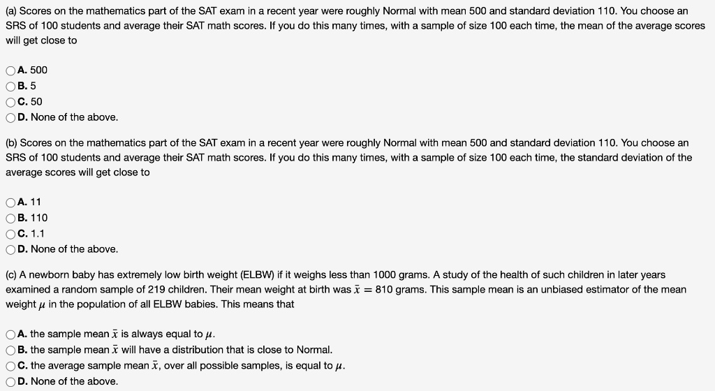 Solved (a) Scores on the mathematics part of the SAT exam in | Chegg.com