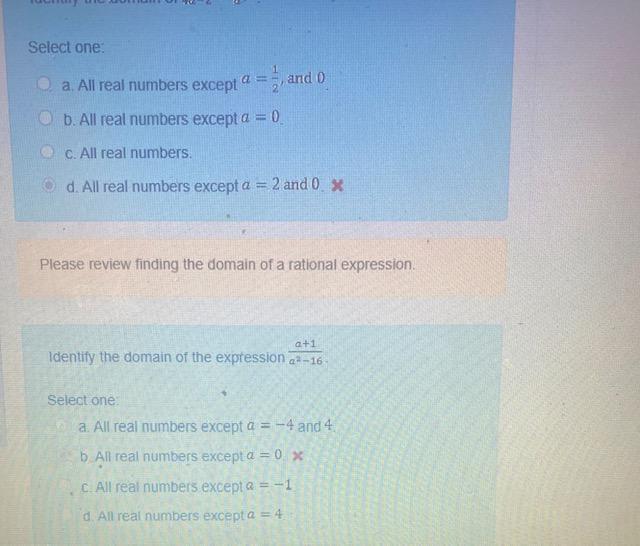 Solved Select one: a. All real numbers except a = , and 0 b. | Chegg.com