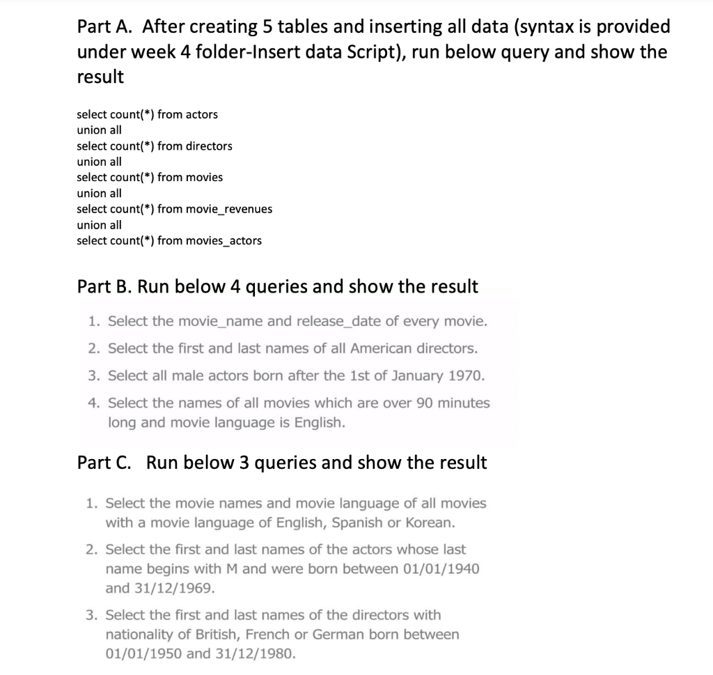 Part A. After creating 5 tables and inserting all | Chegg.com