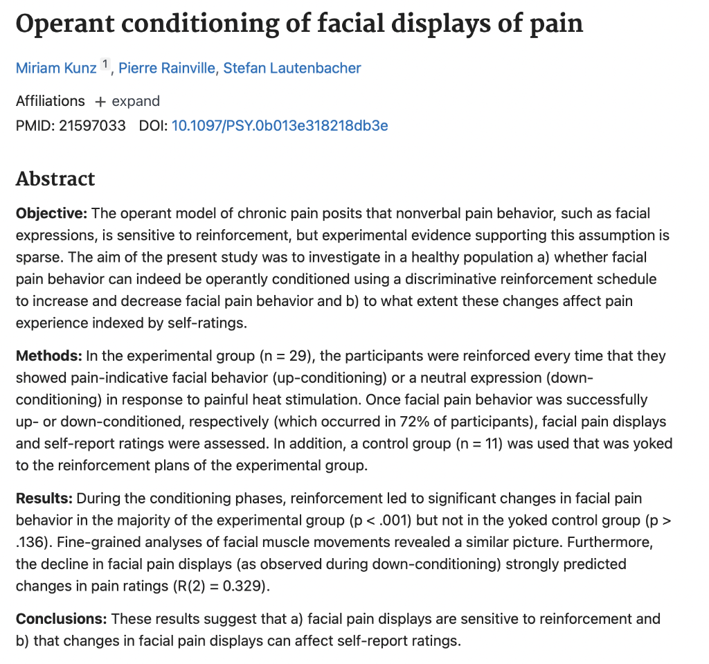 Solved Operant conditioning of facial displays of pain | Chegg.com