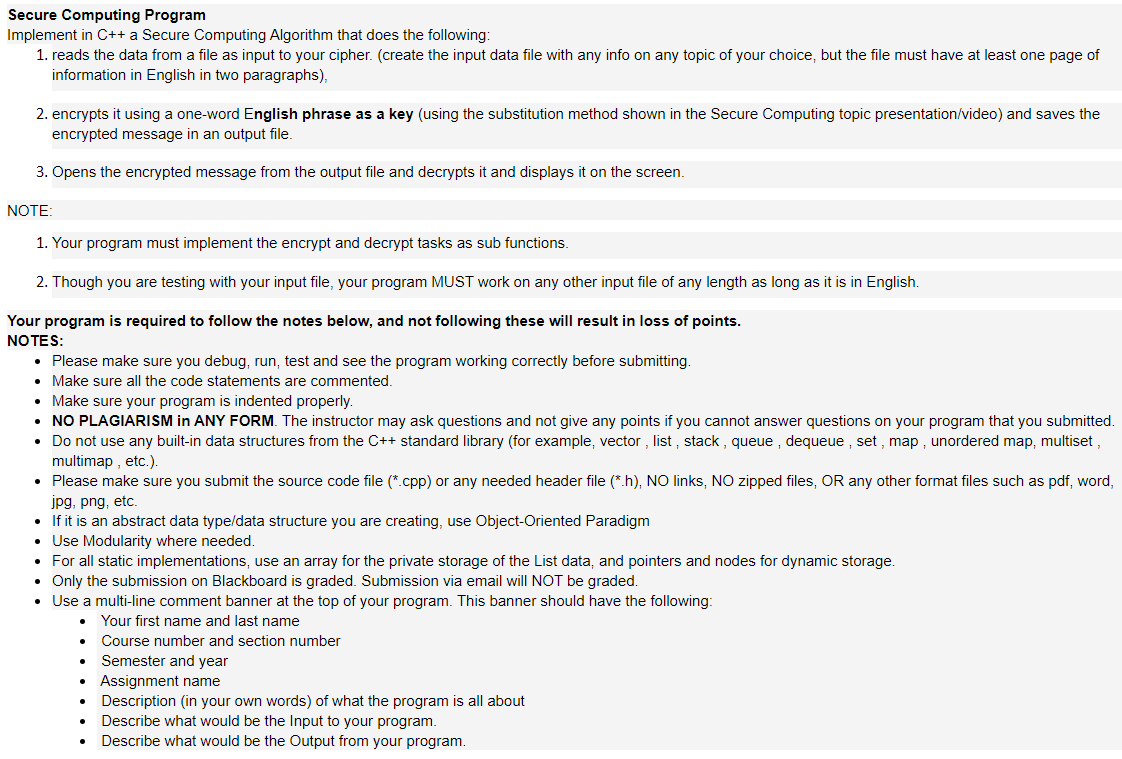 Solved Secure Computing Program Implement in C++ a Secure | Chegg.com