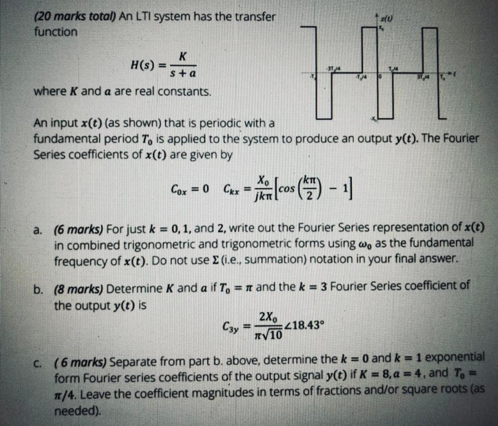 Solved (20 marks total) An LTI system has the transfer | Chegg.com