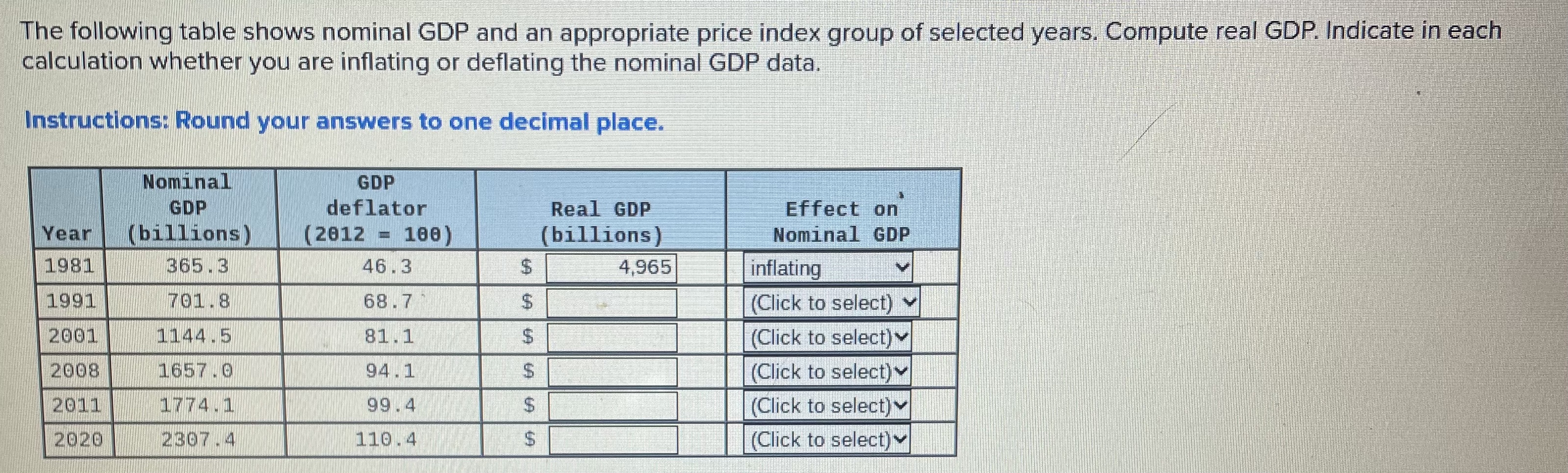Solved The following table shows nominal GDP and an | Chegg.com
