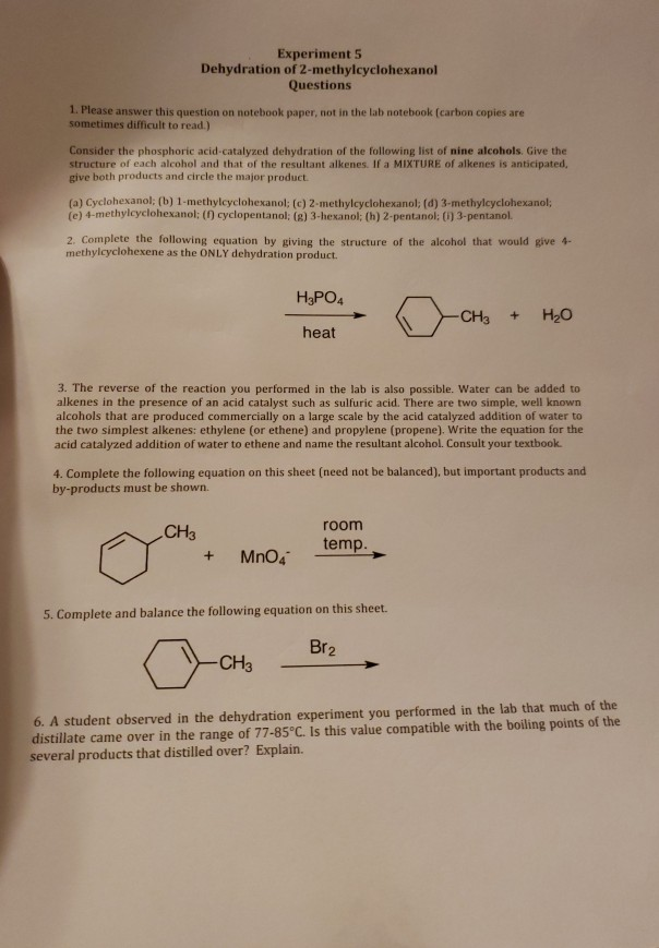 Solved Experiment 5 Dehydration of 2-methylcyclohexanol | Chegg.com