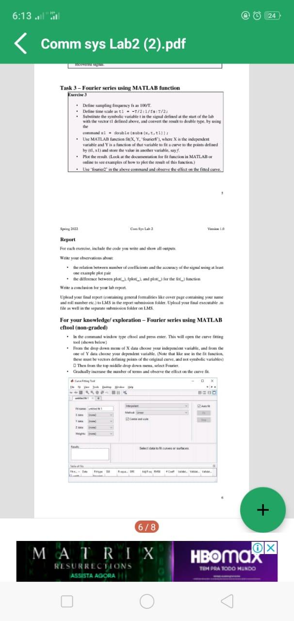 6:13 .. 1 @ 24 Comm sys Lab2 (2).pdf Task 3 - Fourier | Chegg.com