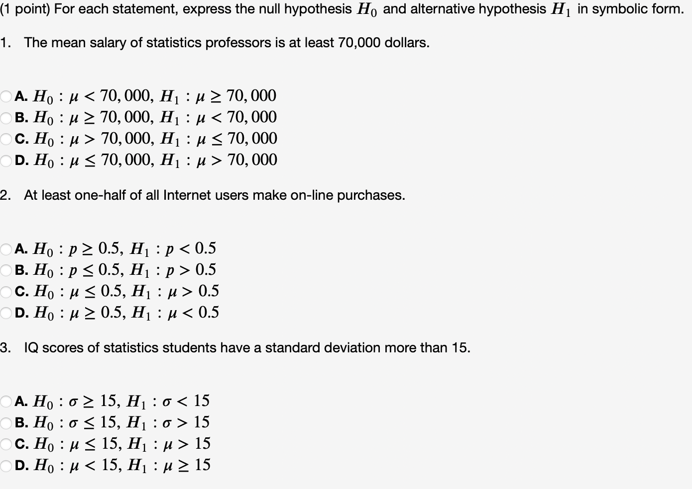 Solved (1 point) For each statement, express the null | Chegg.com
