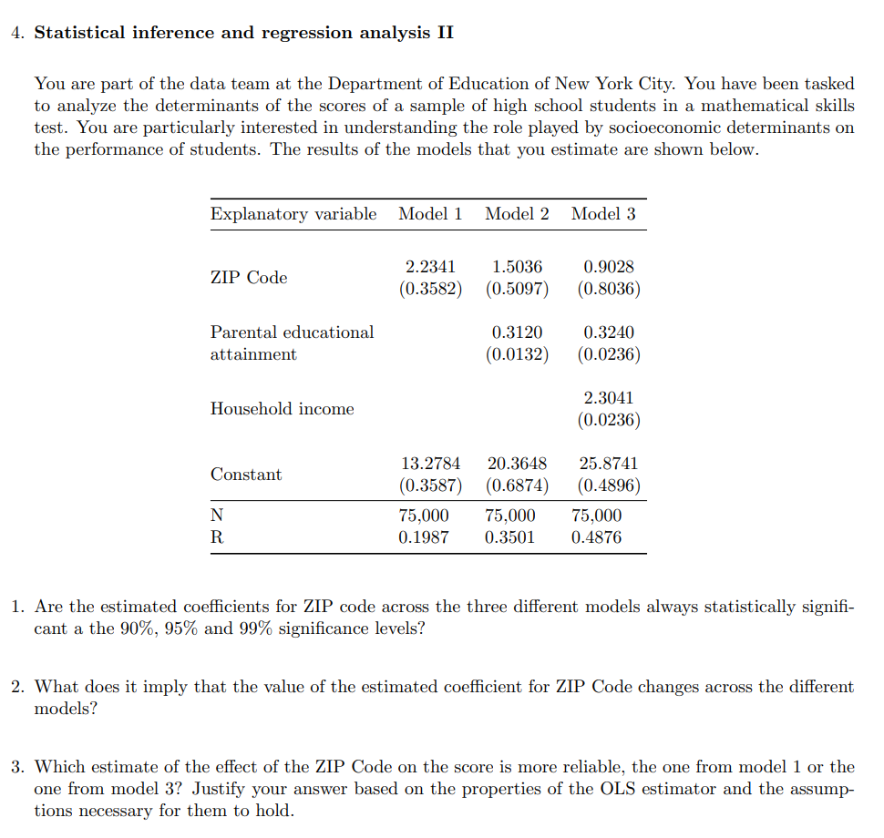 4. Statistical inference and regression analysis II | Chegg.com