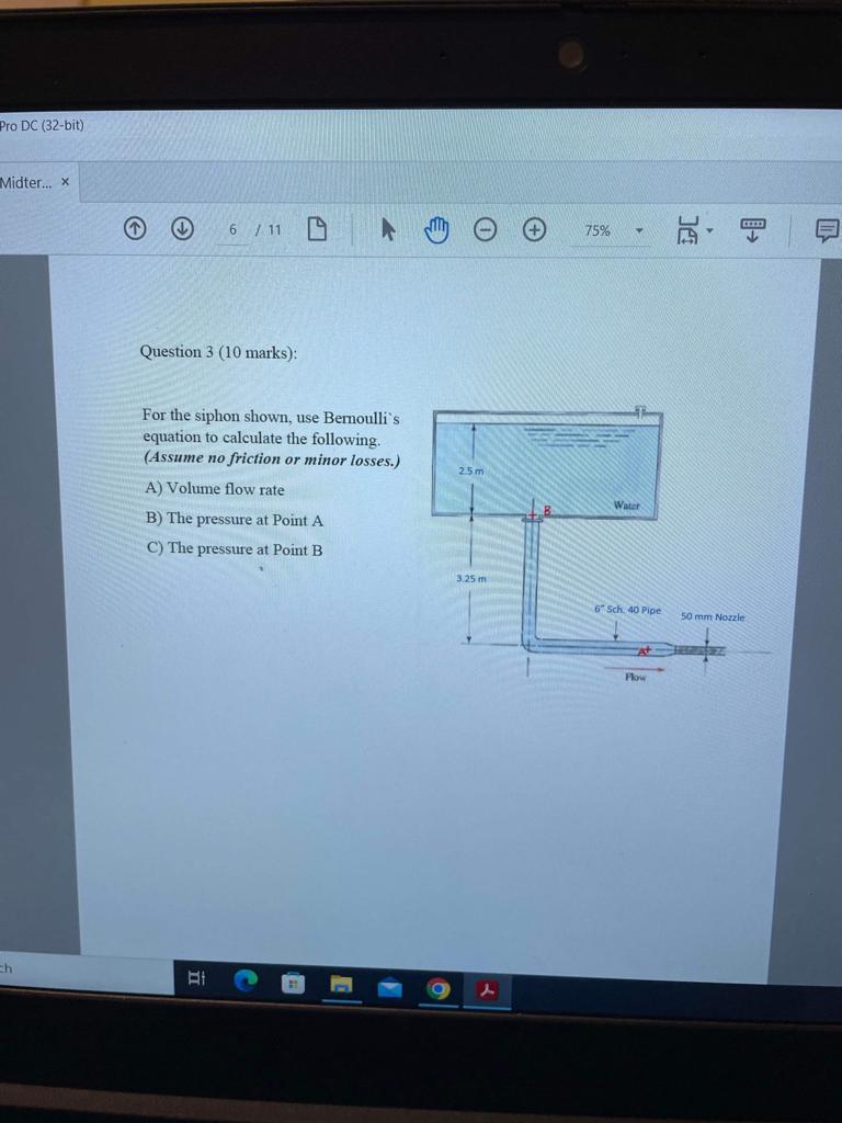 Solved For the siphon shown, use Bernoulli's equation to | Chegg.com