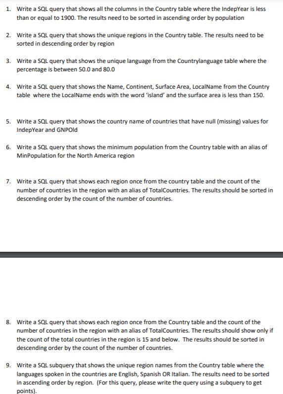 Solved 1. We will work on the World database that comes with | Chegg.com