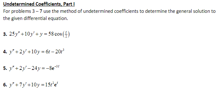 Solved Undetermined Coefficients, Part I For problems 3 - 7 | Chegg.com