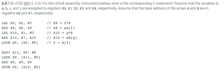 Solved 2.4 [10] For the LEGV8 assembly instructions below, | Chegg.com