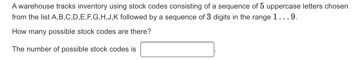 Solved A warehouse tracks inventory using stock codes | Chegg.com