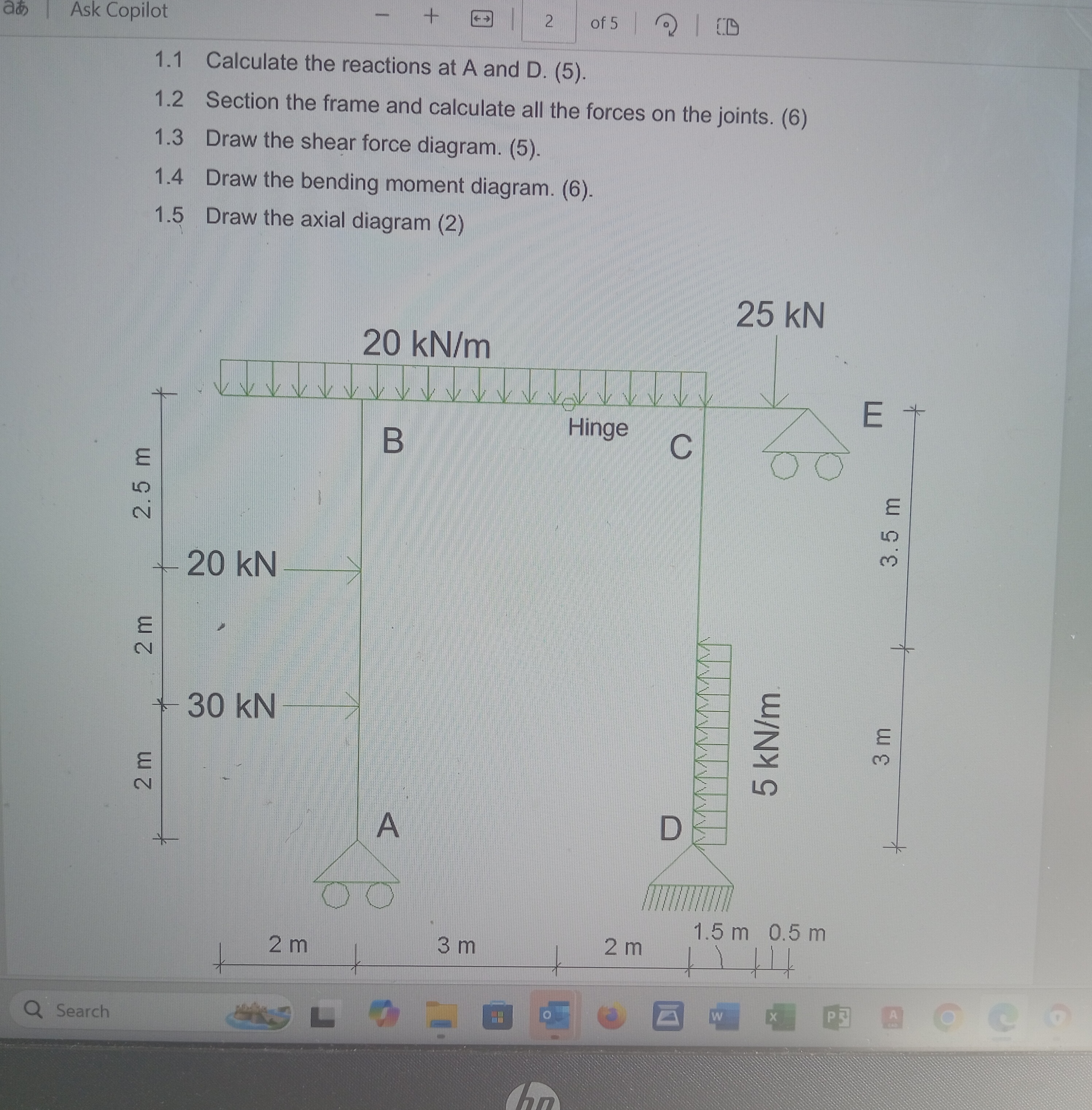 Solved 1.1 ﻿Calculate the reactions at A and D. (5). 1.2 | Chegg.com