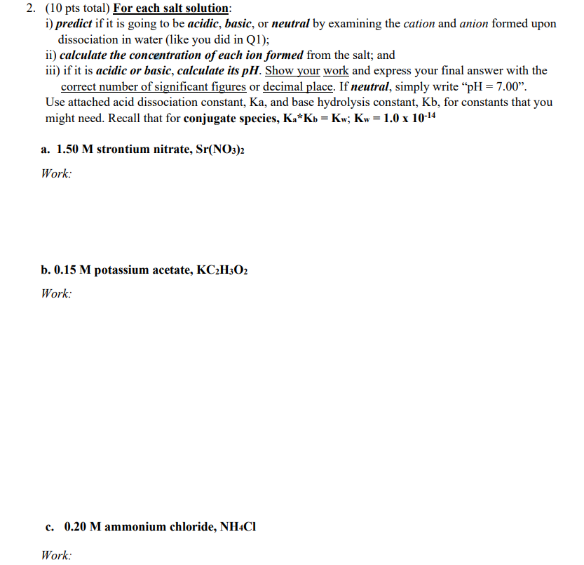 2. (10 pts total) For each salt solution: i) predict | Chegg.com