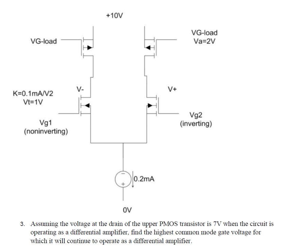 Solved +10V VG-load Va=2V VG-load V- V+ K=0.1mA/V2 K Vt=1V | Chegg.com