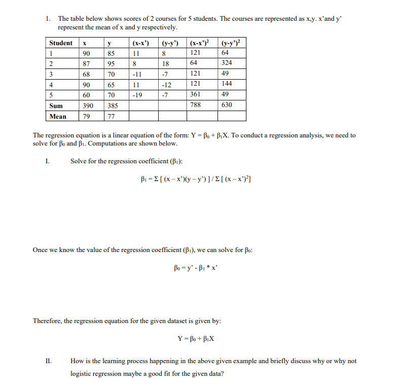 Solved 1. The table below shows scores of 2 courses for 5 | Chegg.com