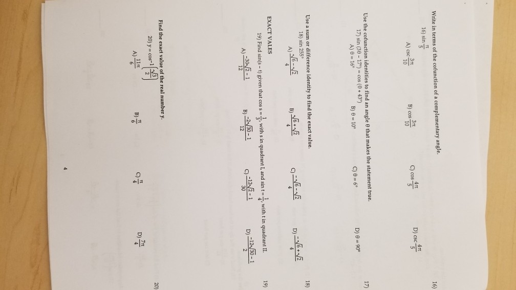 Solved Write in terms of the cofunction of a complementary | Chegg.com