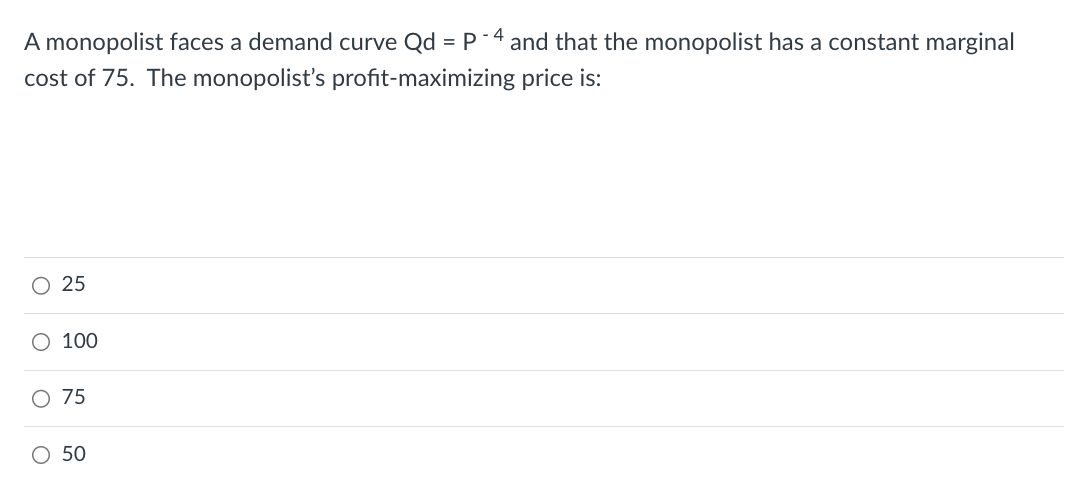 Solved A monopolist faces a demand curve Qd=P−4 and that the | Chegg.com