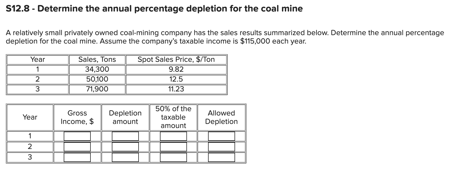 Solved S12.8 - Determine the annual percentage depletion for | Chegg.com