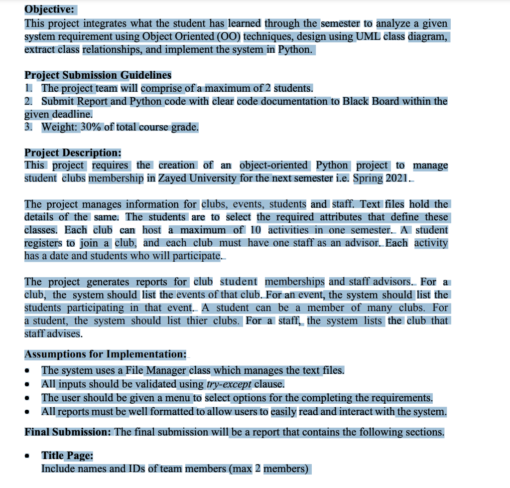 Objective: This project integrates what the student | Chegg.com