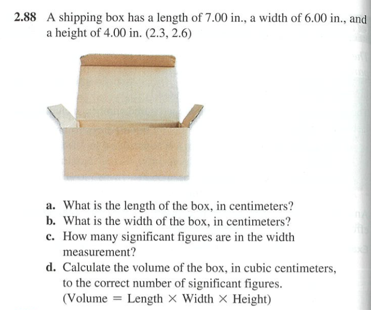 Solved 2.88 A shipping box has a length of 7.00 in., a width | Chegg.com