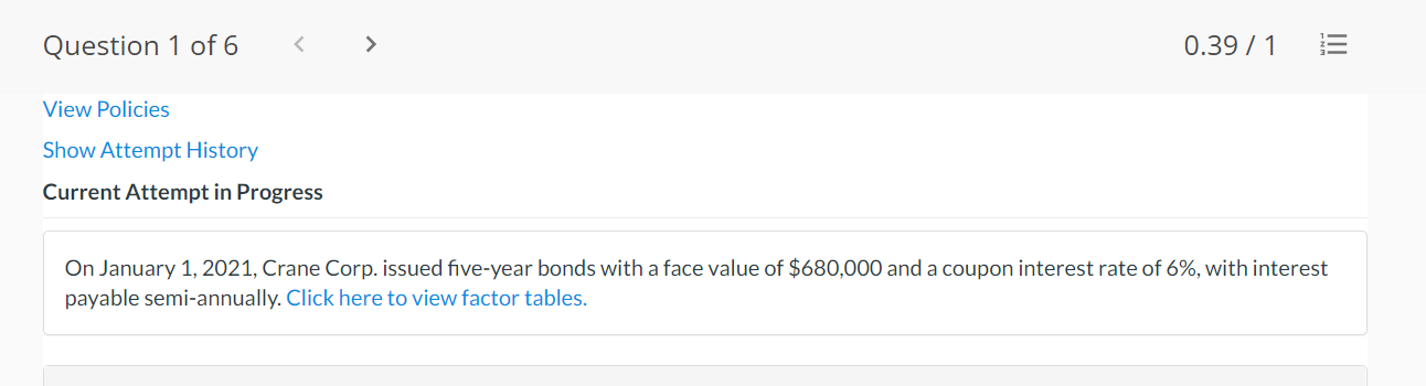 Solved Question 1 of 6 0.39 / 1 III View Policies Show | Chegg.com