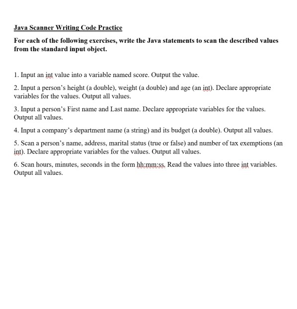 Solved Java Scanner Writing Code Practice For each of the | Chegg.com