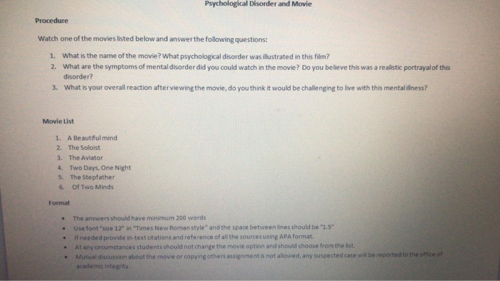 Solved Psychological Disorder and Movie Procedure Watch one | Chegg.com