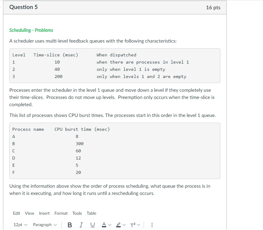 Solved Question 5 16 pts Scheduling - Problems A scheduler | Chegg.com