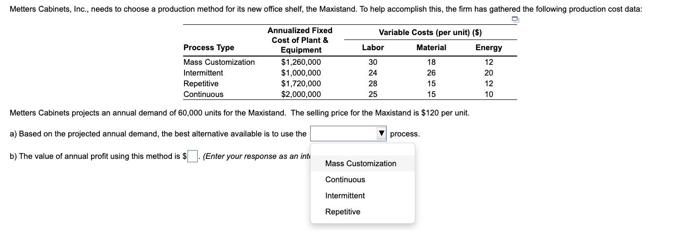 Solved Metters Cabinets, Inc., needs to choose a production | Chegg.com