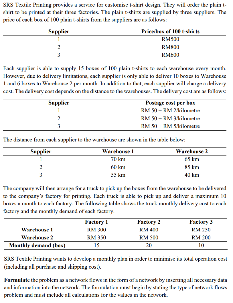 Solved SRS Textile Printing provides a service for customise | Chegg.com