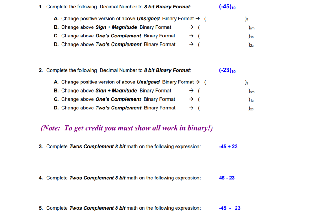 Solved 1. Complete the following Decimal Number to 8 bit | Chegg.com