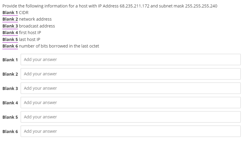 Solved Provide the following information for a host with IP | Chegg.com