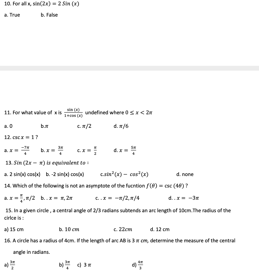 Solved 10. For all x,sin(2x)=2Sin(x) a. True b. False 11. | Chegg.com