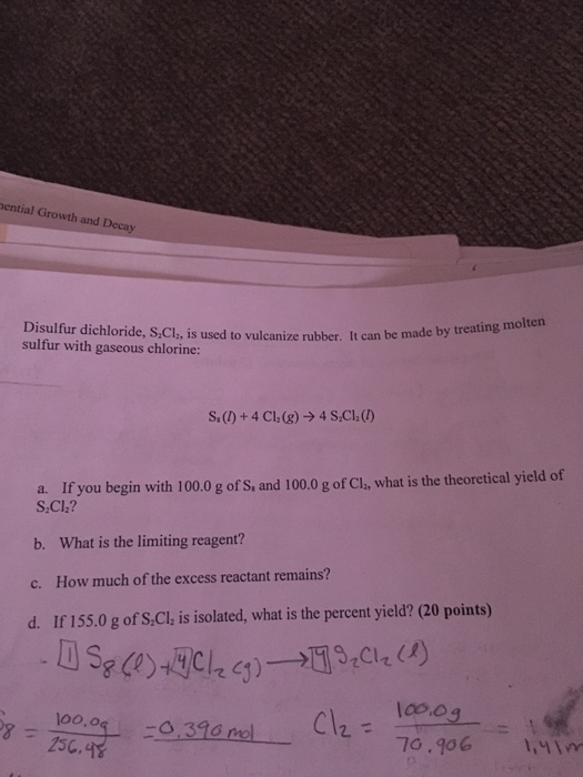 Solved ential Growth and Decay Disulfur dichloride, S,Cl,, | Chegg.com