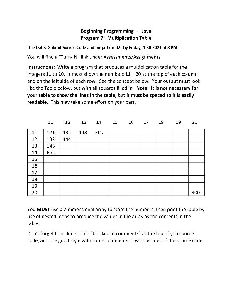 Solved Write a Java program that produces a multiplication | Chegg.com