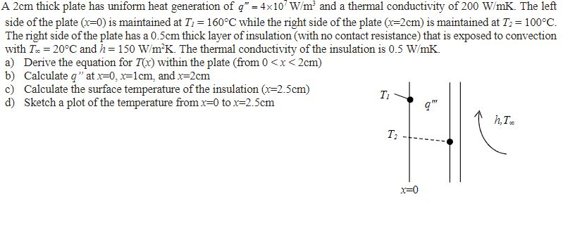 Solved A 2cm thick plate has uniform heat generation of q" = | Chegg.com