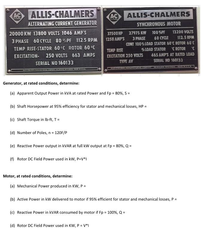 Solved ALTERNATING CURRENT GENERATOR 20000KW13800 VOLTS 1046 | Chegg.com