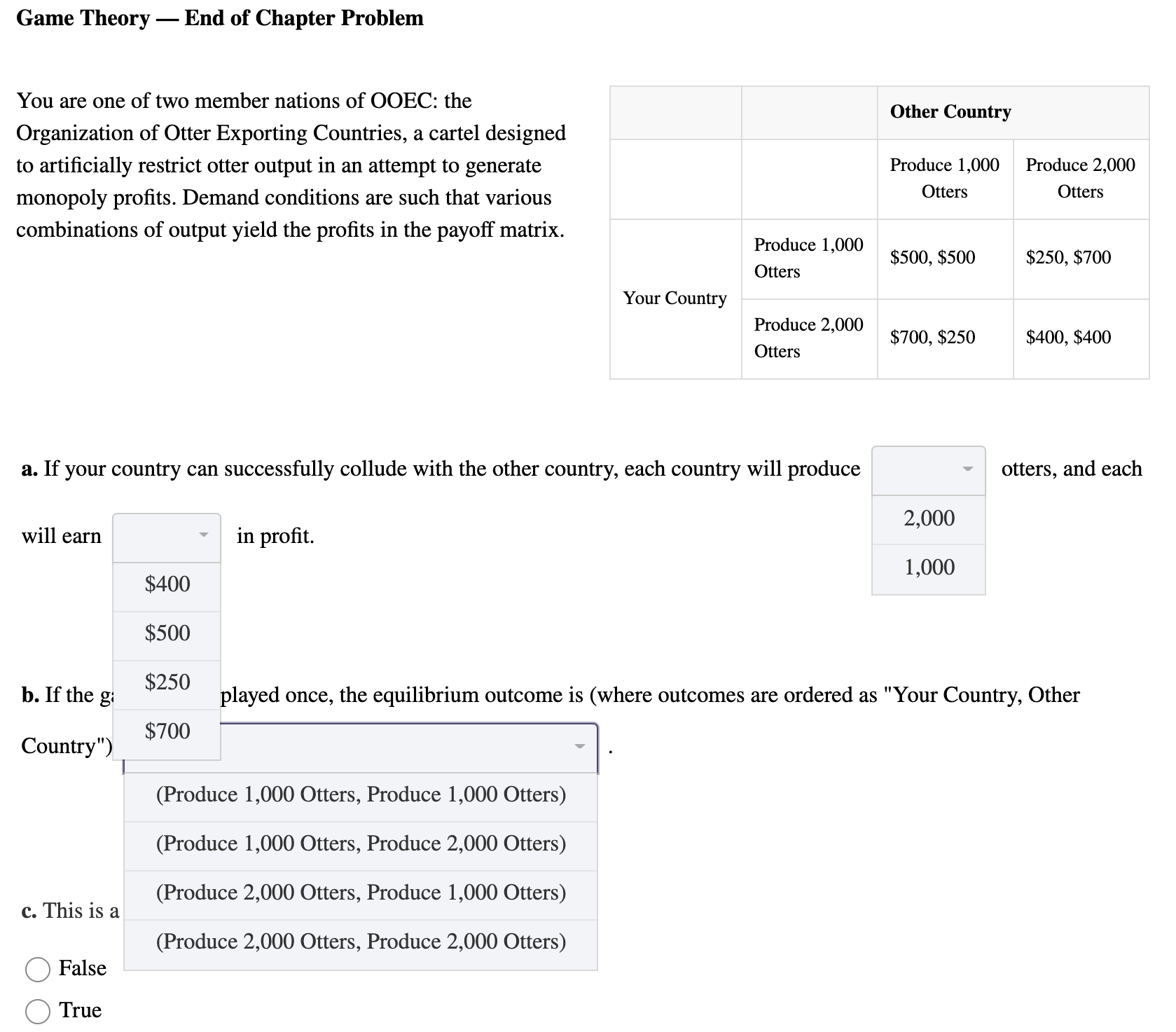 Solved Game Theory — End of Chapter Problem Other Country | Chegg.com