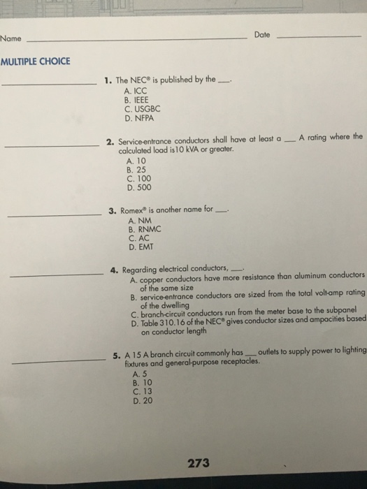 Solved Name Date MULTIPLE CHOICE 1. The NEC is published by | Chegg.com