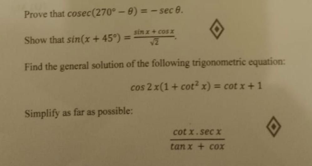 Solved Prove that cosec(270° - 9) = - sece. Show that sin(x | Chegg.com