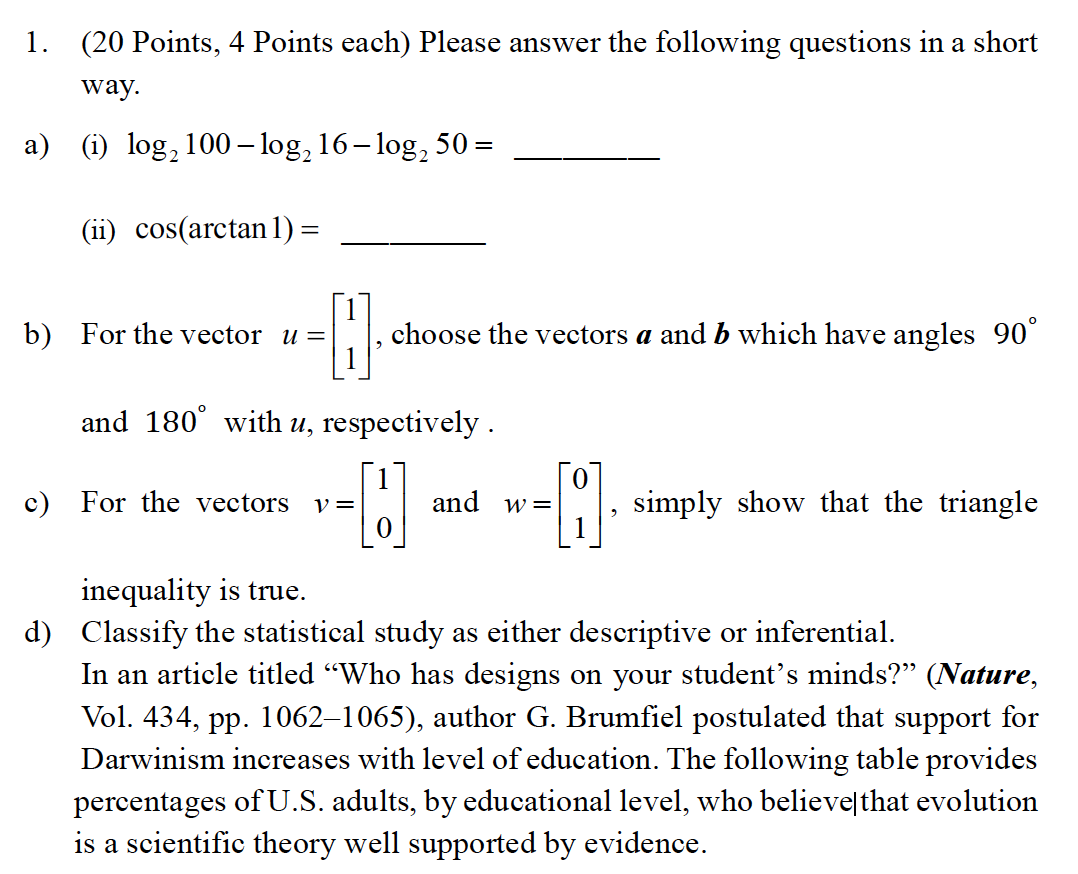 Solved 1. (20 Points, 4 Points each) Please answer the | Chegg.com