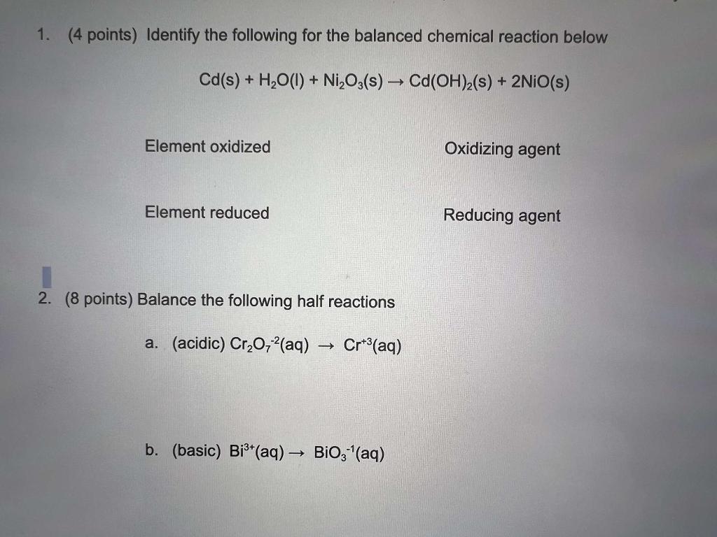 Solved 1. (4 points) Identify the following for the balanced | Chegg.com