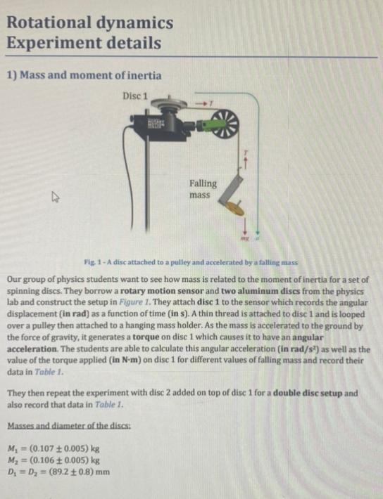 Rotational dynamics Experiment details 1) Mass and | Chegg.com
