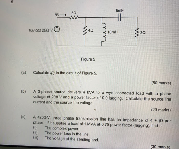 Solved 5. 5mF () 50 160 cos 200t V 40 10mH 30 Figure 5 (a) | Chegg.com