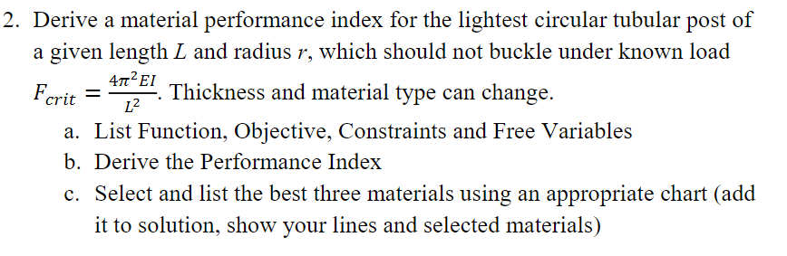 Solved 2. Derive a material performance index for the | Chegg.com