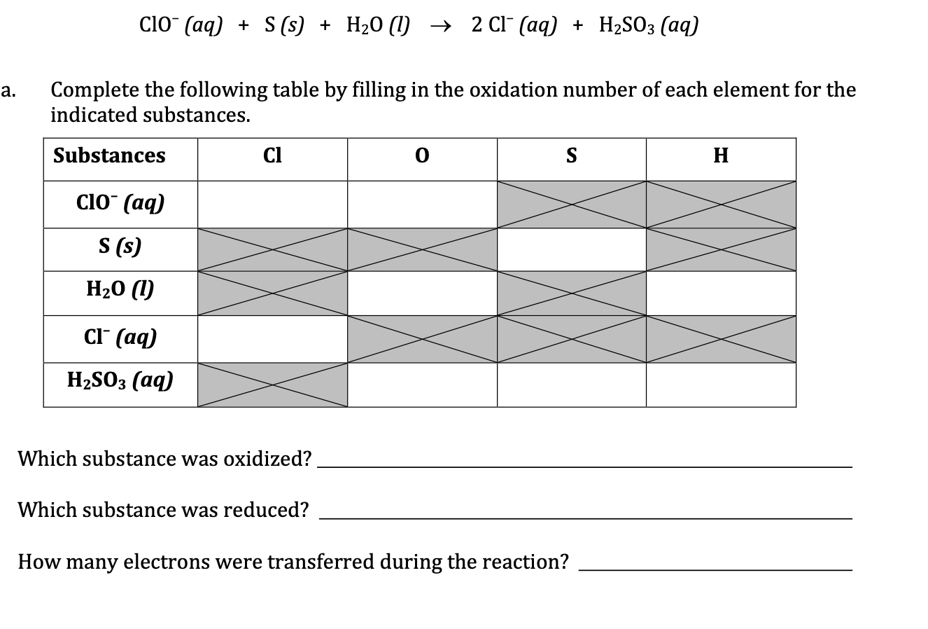 ClO-(aq)+S(s)+H2O(l)→2Cl-(aq)+H2SO3(aq)a. ﻿Complete | Chegg.com