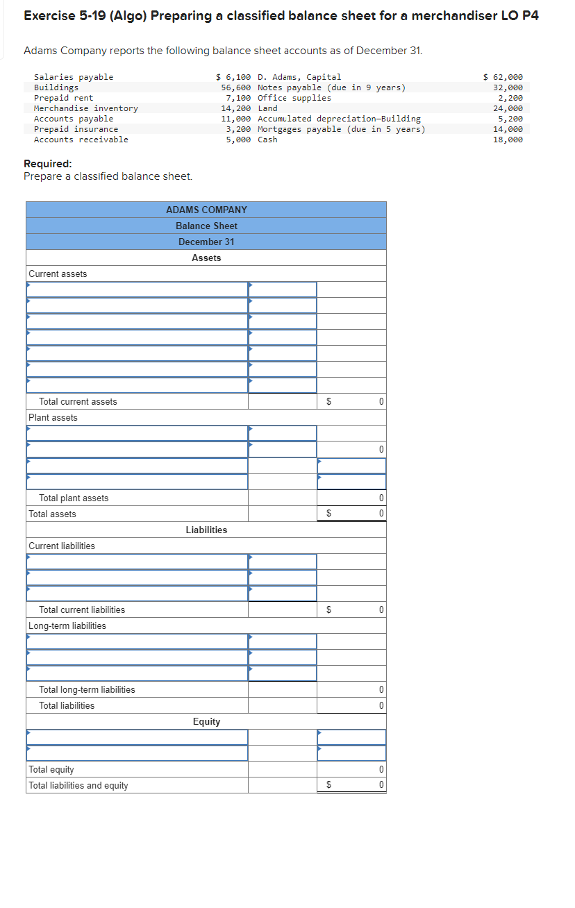 Solved Exercise 5-19 (Algo) Preparing a classified balance | Chegg.com